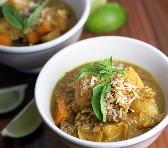 Savory Elk Curry with Toasted Coconut & Sweet Potatoes